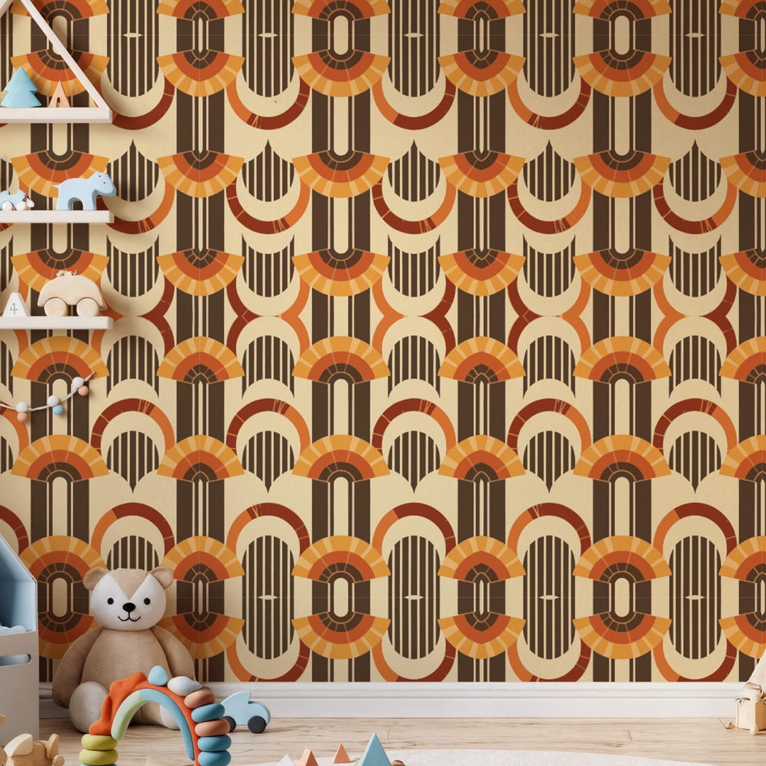 Retro Arch Fan Pattern Wallpaper, Orange Brown Peel and Stick Wall ...