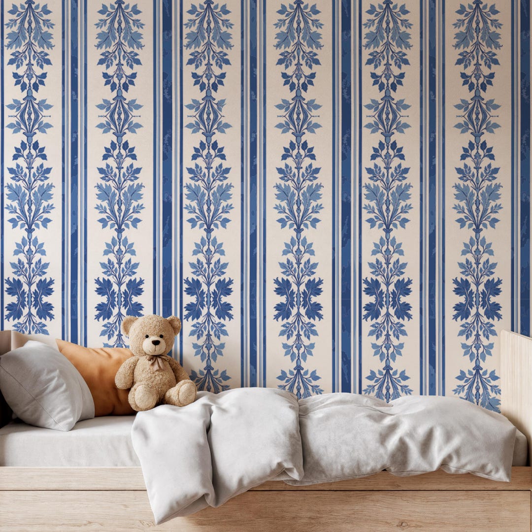 Elegant Blue Floral Stripe Wallpaper, Vintage Botanical Wall Mural ...