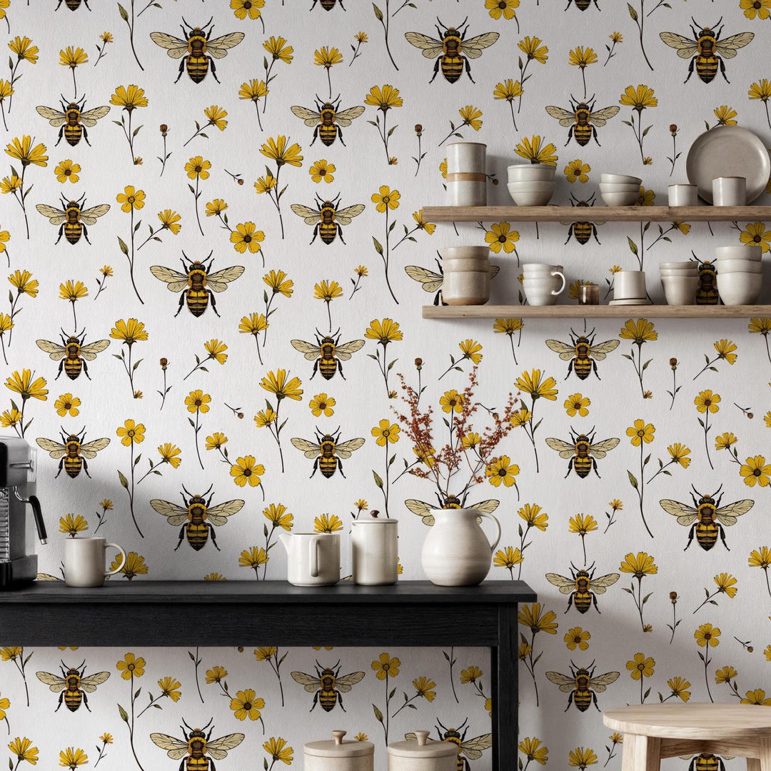 Bee Wallpaper, Yellow Floral Peel and Stick Wall Mural, Nature Inspired ...