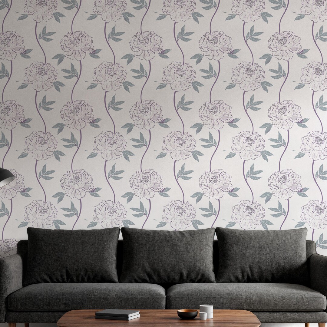 Lavender Floral Wallpaper, Elegant Peony Line Art Wall Mural for Living ...