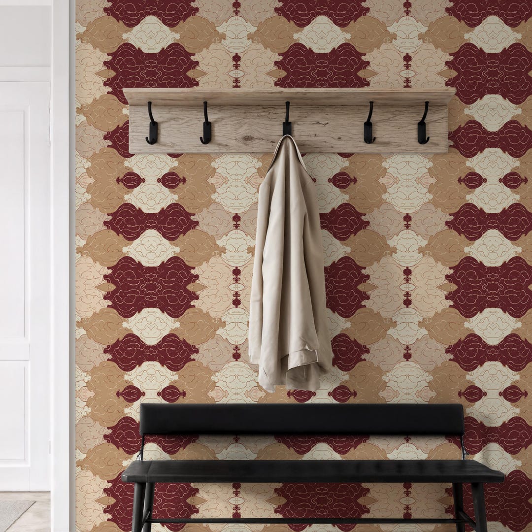 Vintage Wallpaper, Red Brown Geometric Wall Mural, Classic Pattern Peel ...