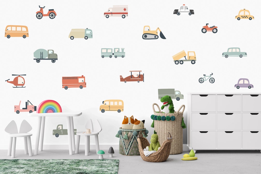 Kids Car Wall Decal Set - 33 Pc. Transportation Stickers for Playroom ...