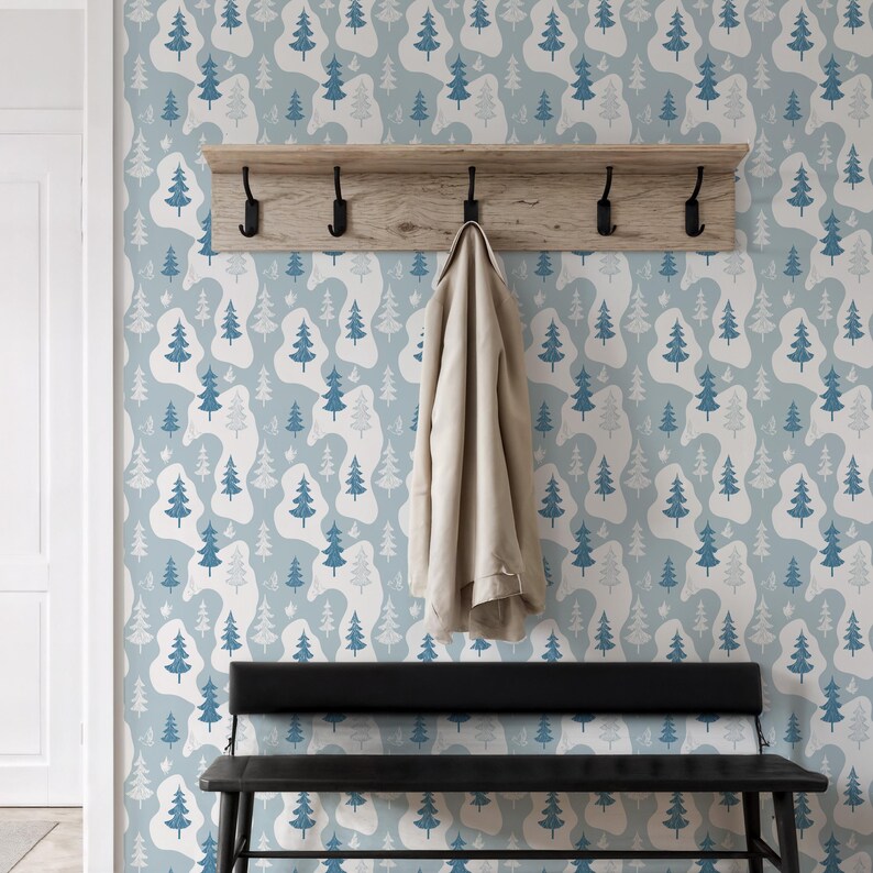 Blue Forest Tree Wallpaper for Kids Room, Scandinavian Nature Mural ...