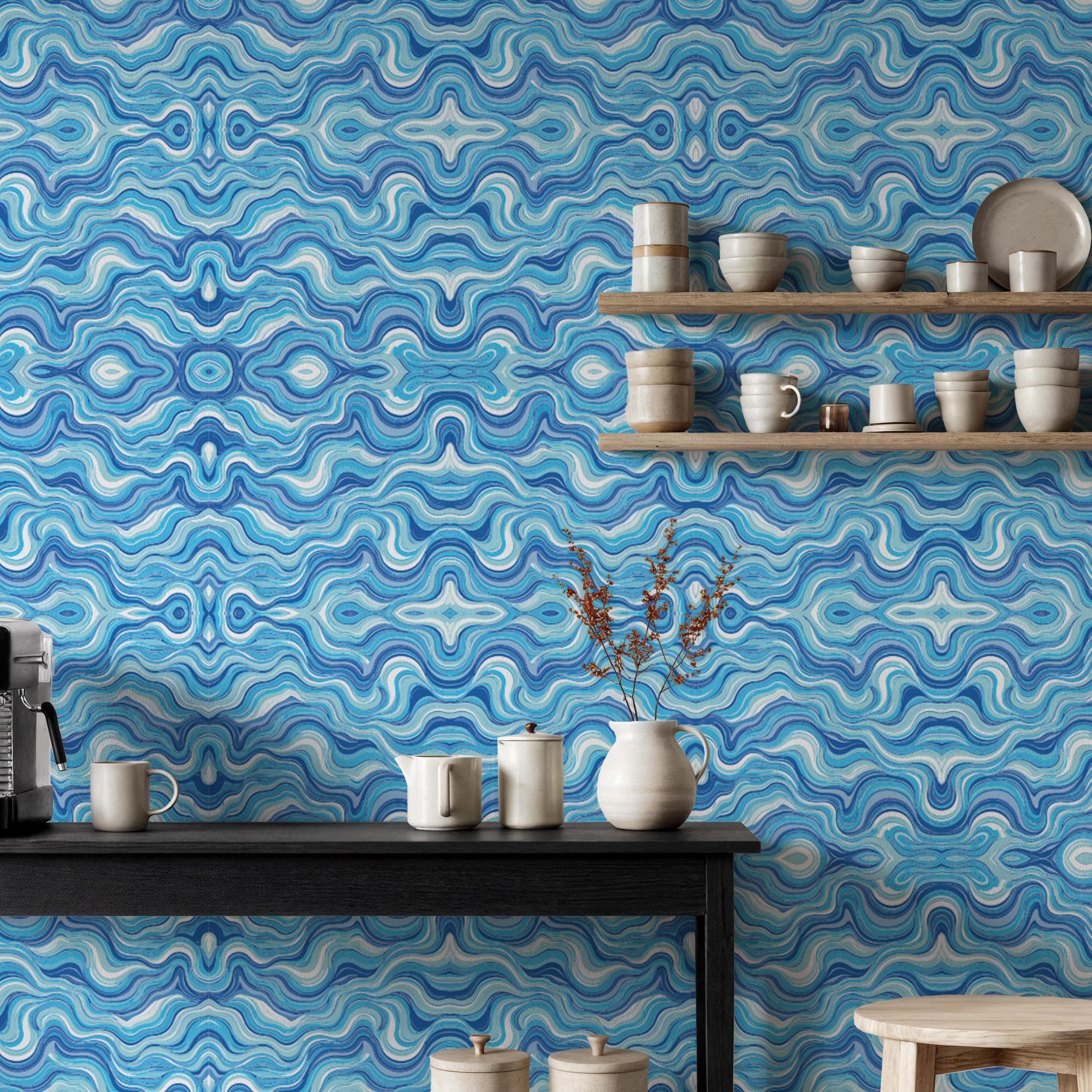 Blue Wave Wallpaper, Ocean Inspired Peel and Stick Wall Art, Abstract ...