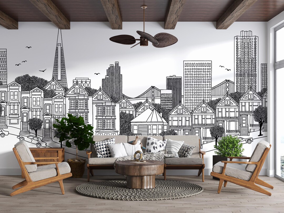San Francisco City Line Art Wallpaper | Painted Ladies, Golden Gate ...