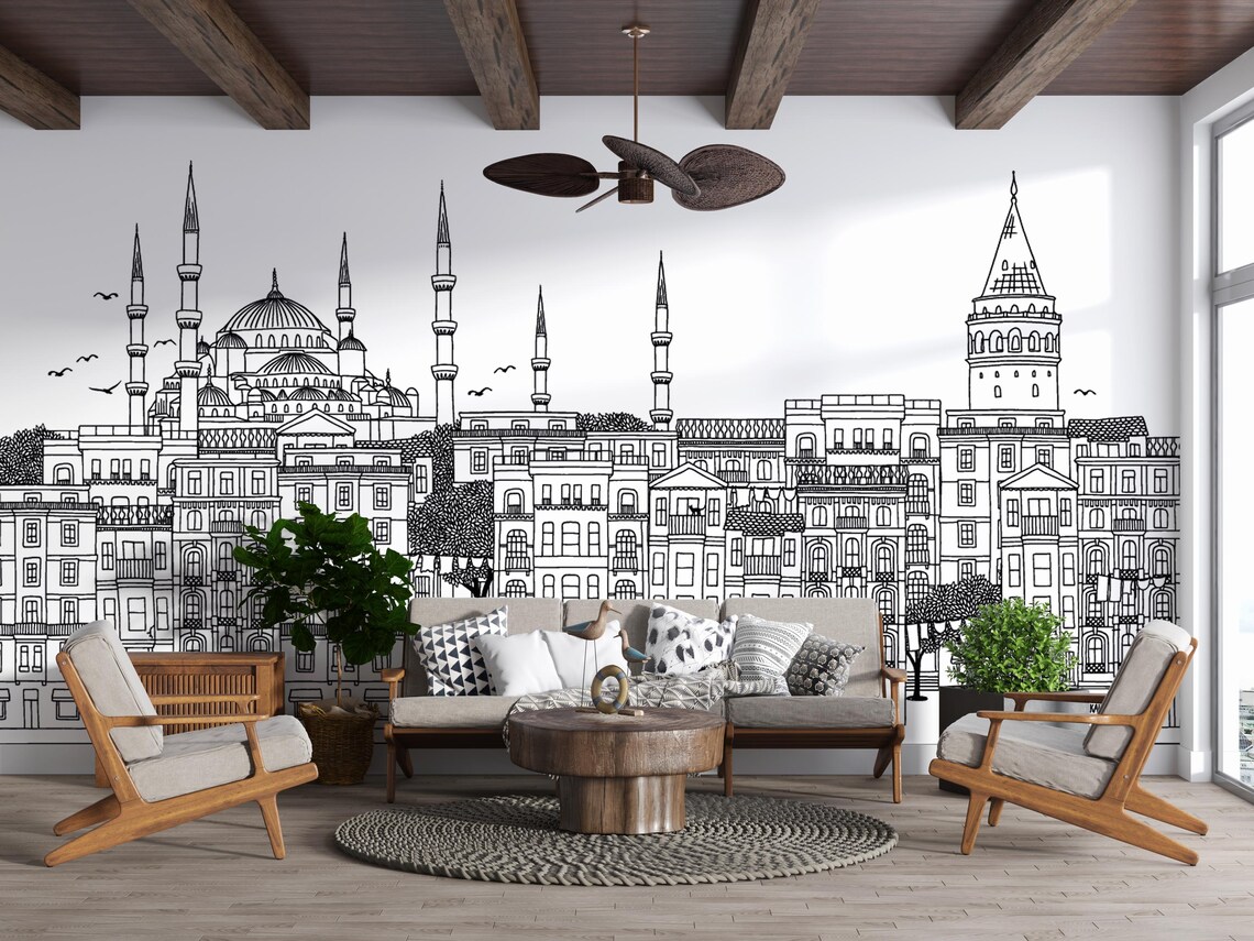 Istanbul Line Art Wallpaper | Custom Size Peel & Stick Wall Mural ...