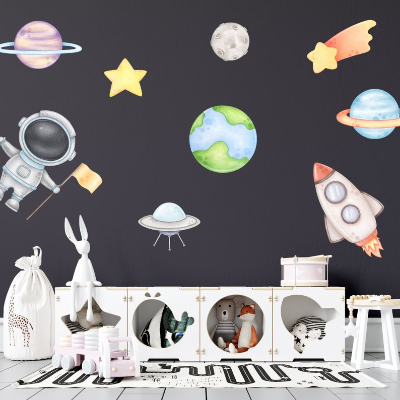 Space Planets Astronaut and Star Wall Decal Set, Kids Room Nursery ...