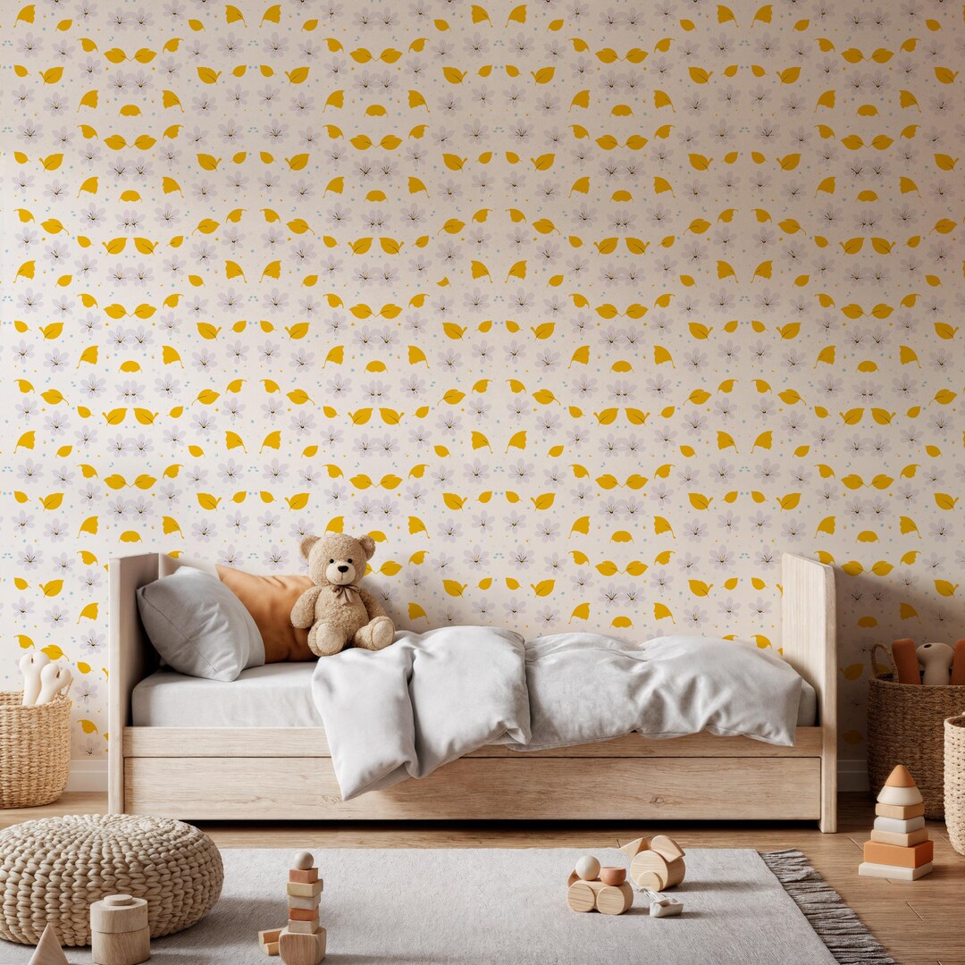 Yellow Floral Kidsroom Wallpaper, Modern Kitchen Wall Decor, Minimalist ...