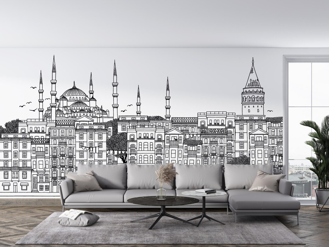 Istanbul Line Art Wallpaper | Custom Size Peel & Stick Wall Mural ...