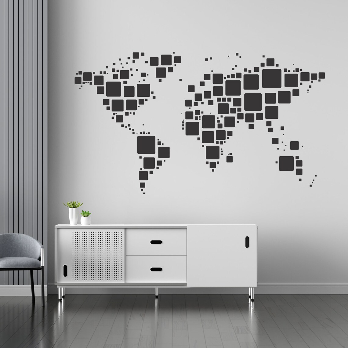 Geometric World Map With Square Pattern Square World Map Wall - Etsy
