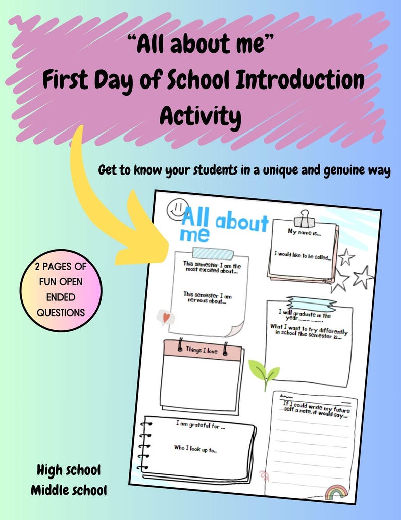 Teacher Activity All About Me First Day Of School Getting To Know You