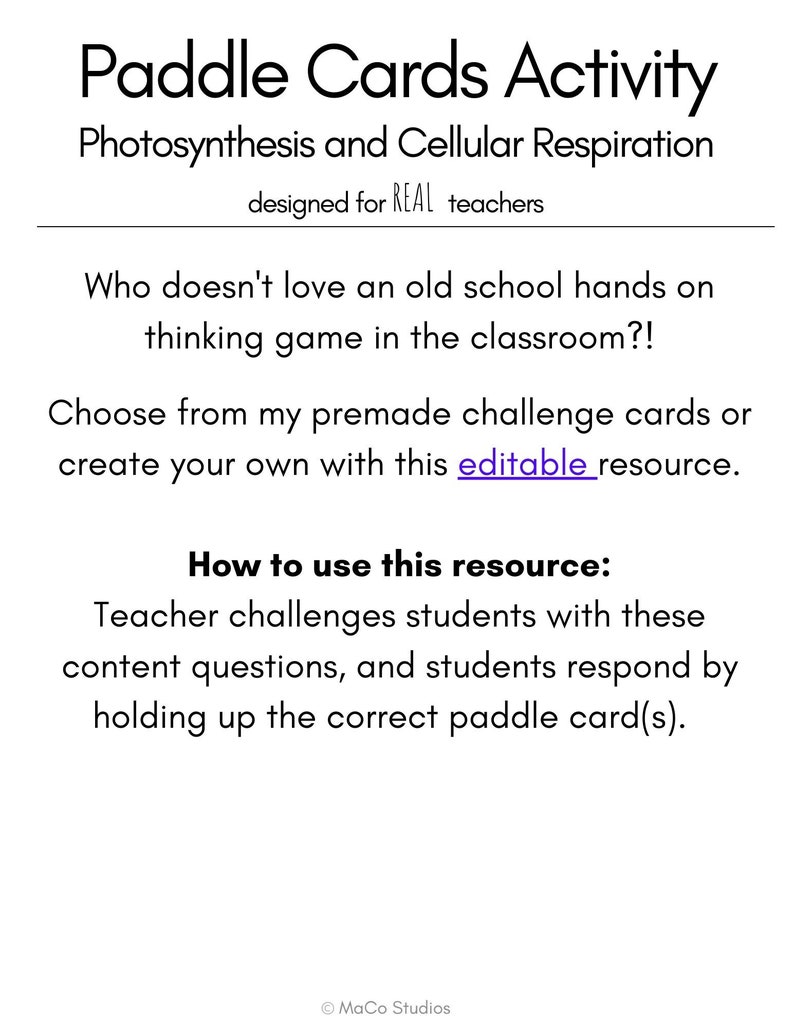 Biology, Photosynthesis and Cellular Respiration Paddle Cards ...