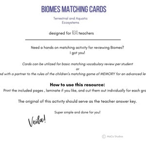 Ecosystems Aquatic and Terrestrial Biomes - Matching Vocabulary ...