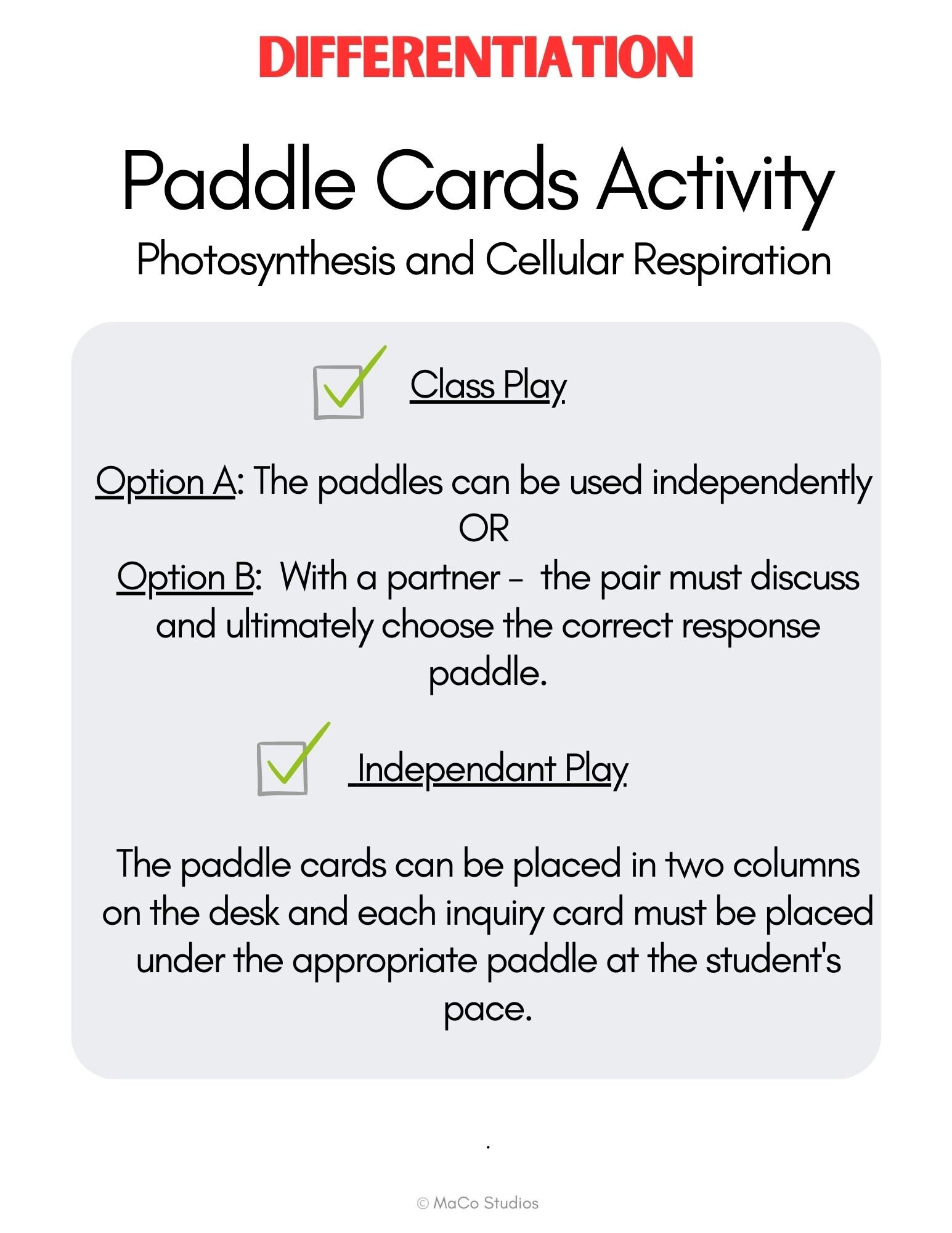 Biology, Photosynthesis and Cellular Respiration Paddle Cards ...