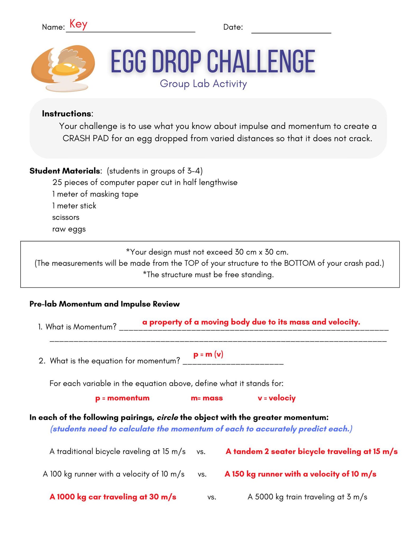 Real Egg Drop Challenge: Physics Momentum & Impulse Lab - Editable ...