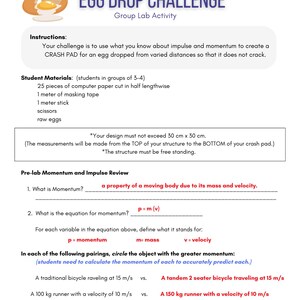 Real Egg Drop Challenge: Physics Momentum & Impulse Lab - Editable ...