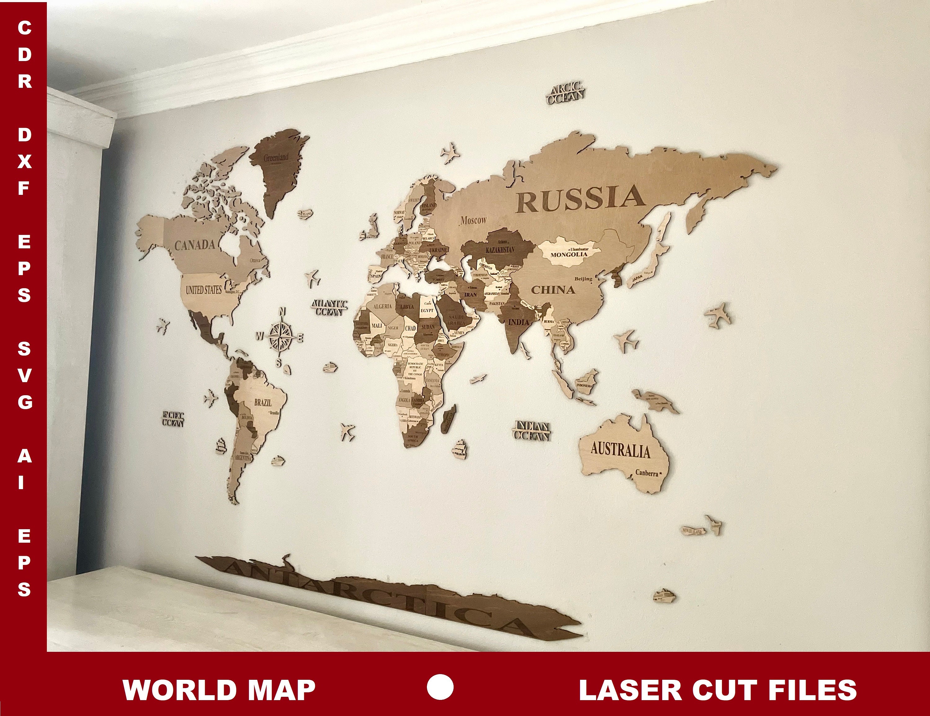 World Map, Laser Cut Files, SVG, ESP, PDF, Ai, Cdr, Dxf, Vector File ...