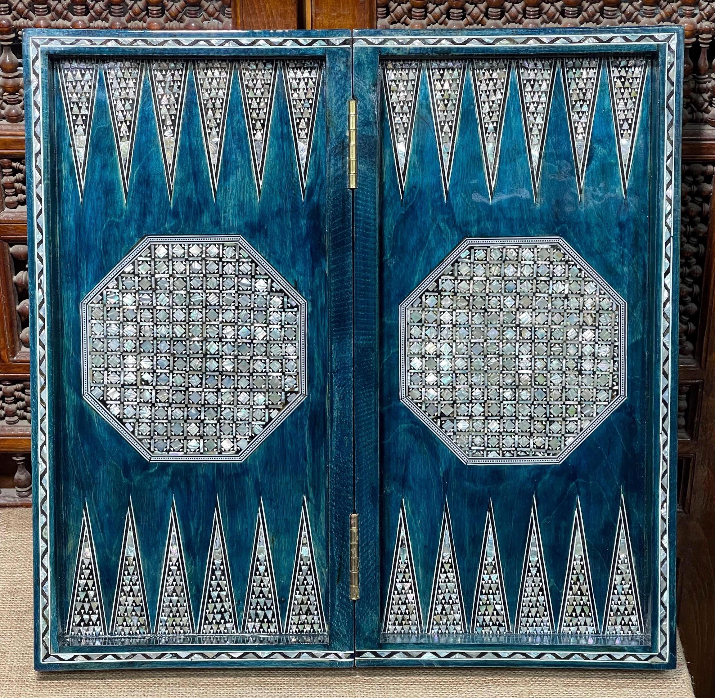 Sky Blue Mosaic Chess and Backgammon Board Set, Mother of Pearl Inlaid Chess Set, Handmade ...