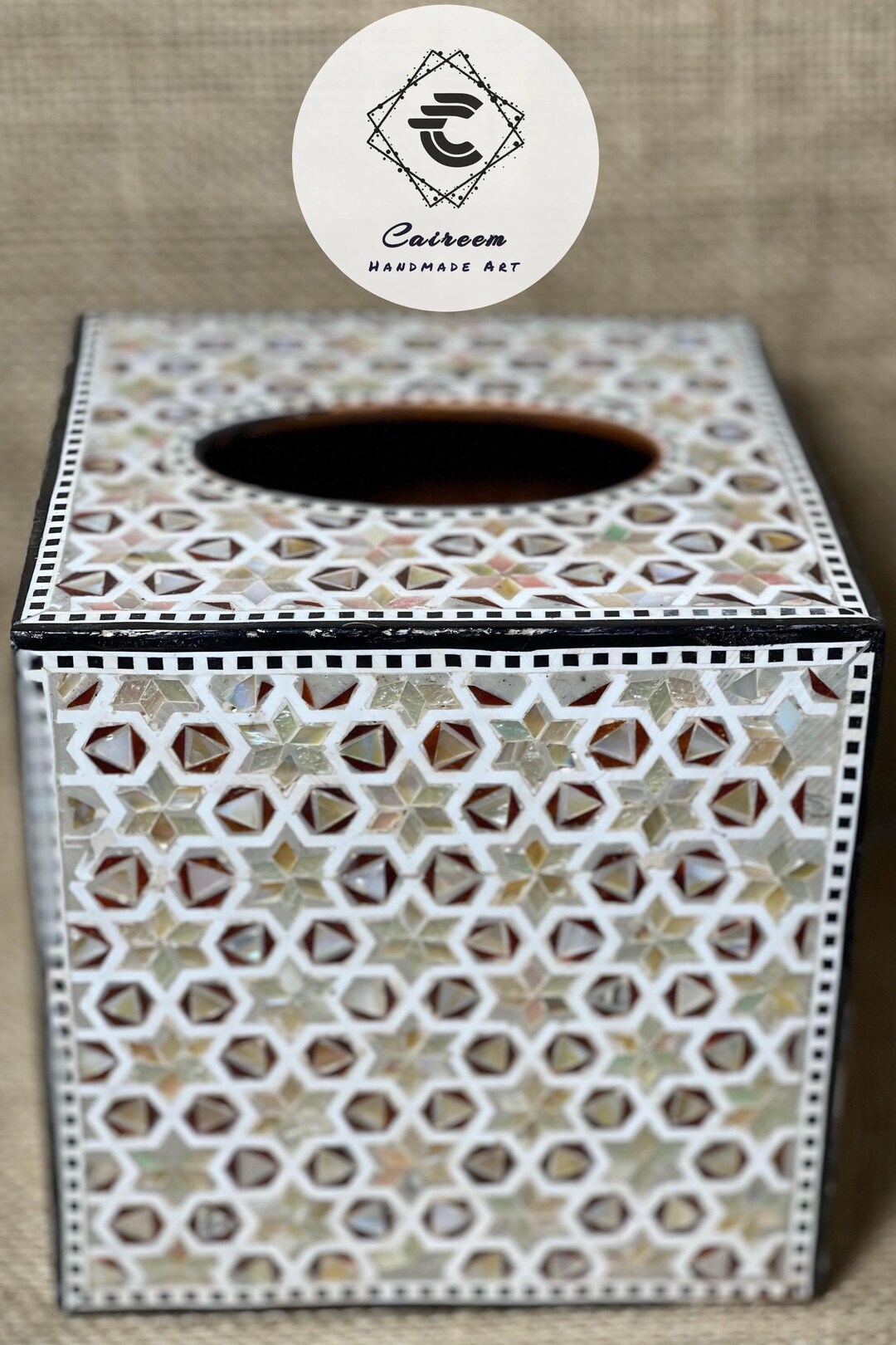 Mother of Pearl Square Tissue Box, Mosaic Geometric Tissue Box Cover ...
