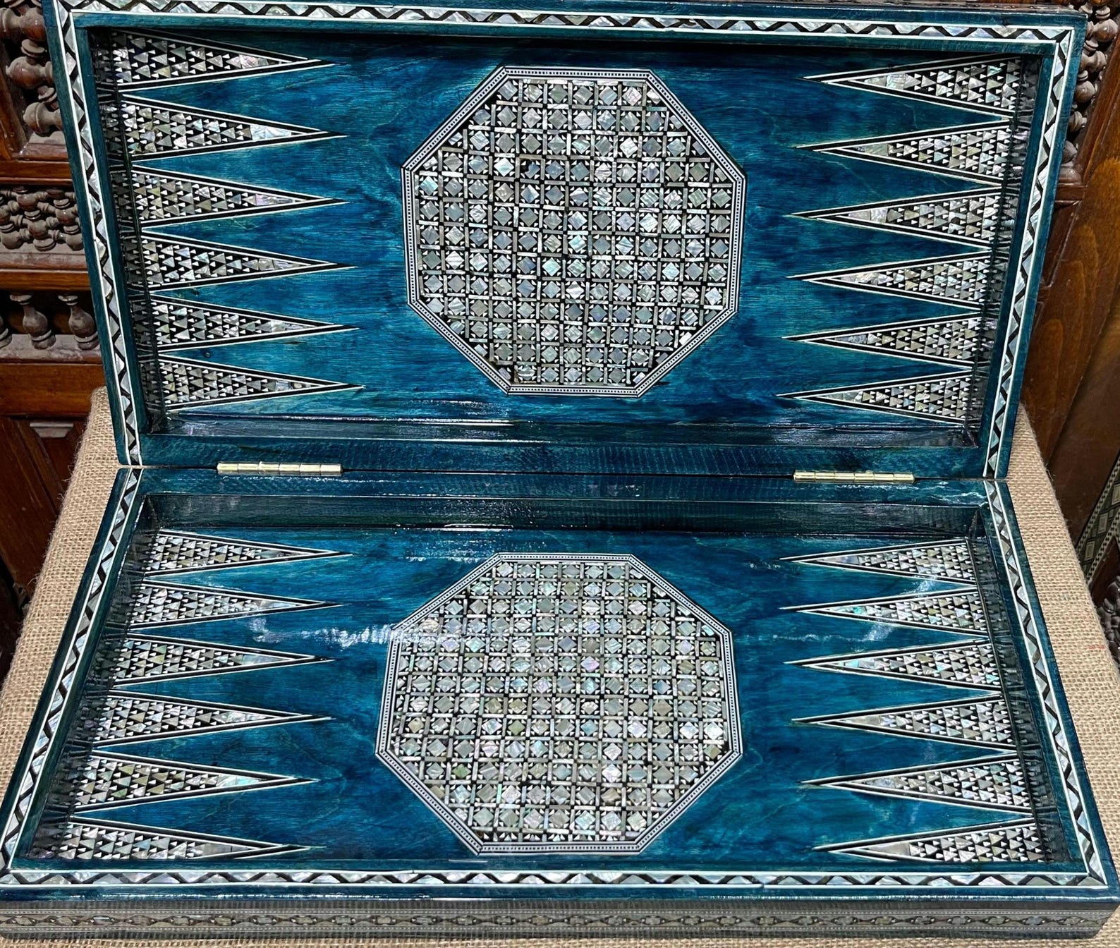 Sky Blue Mosaic Chess and Backgammon Board Set, Mother of Pearl Inlaid Chess Set, Handmade ...