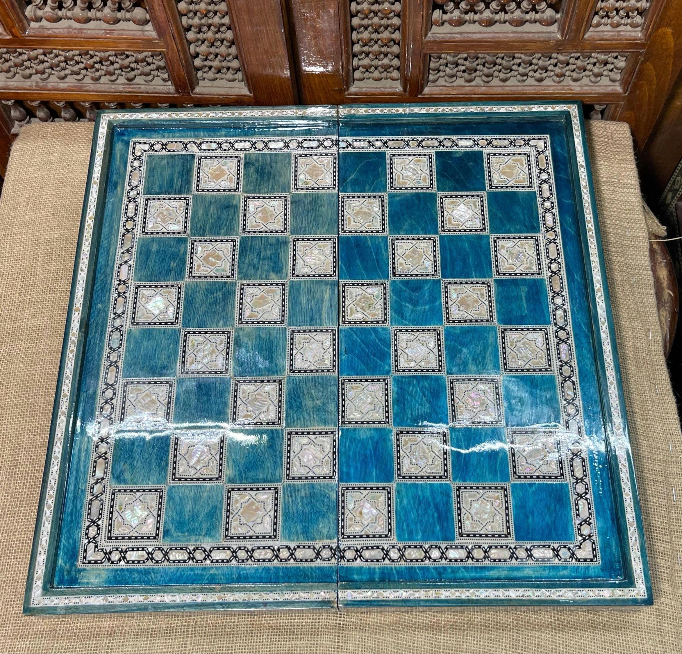 Luxury Sky Blue Chess and Backgammon Board, Handmade Wooden Chessboard ...