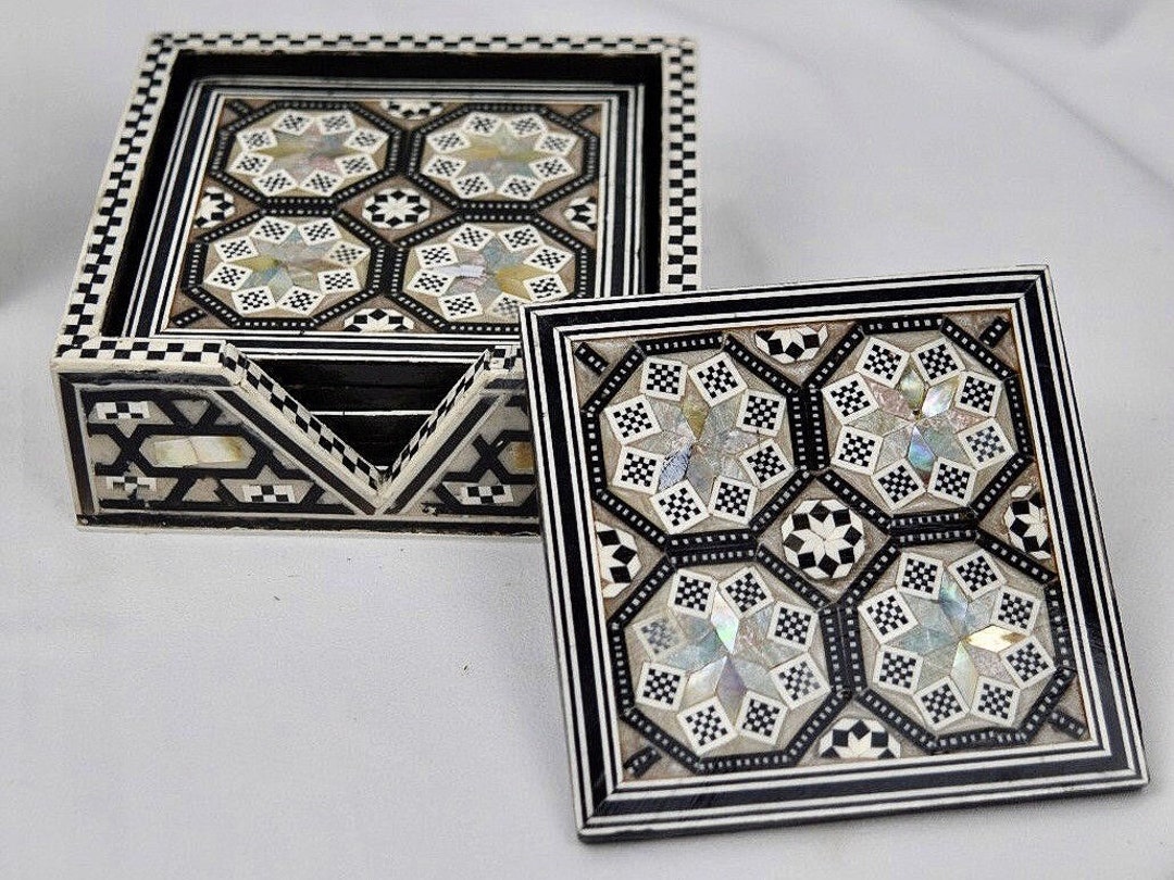 Mosaic Mother of Pearl Inlaid Coasters, Square Floral Design Coasters ...