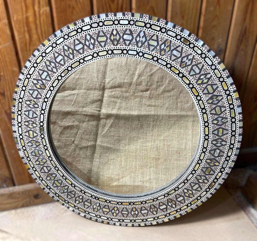 Arabesque Round Wall Mirror, Mother of Pearl Mosaic Mirror, Wooden ...