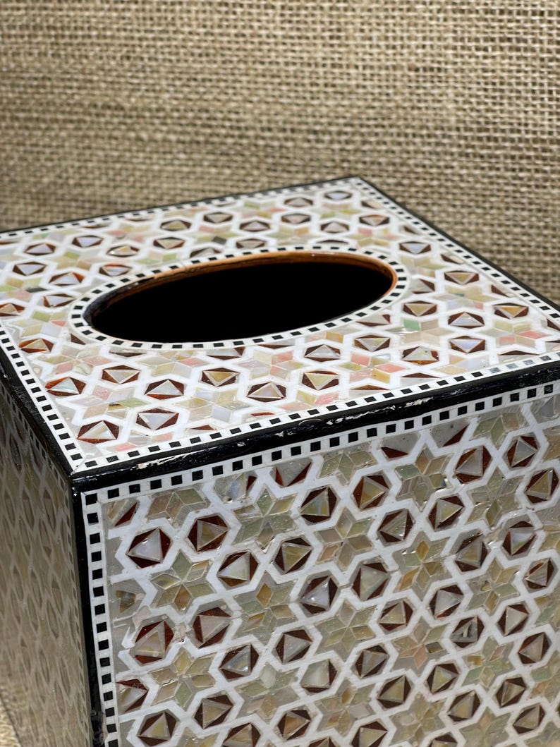 Mother of Pearl Square Tissue Box, Mosaic Geometric Tissue Box Cover ...