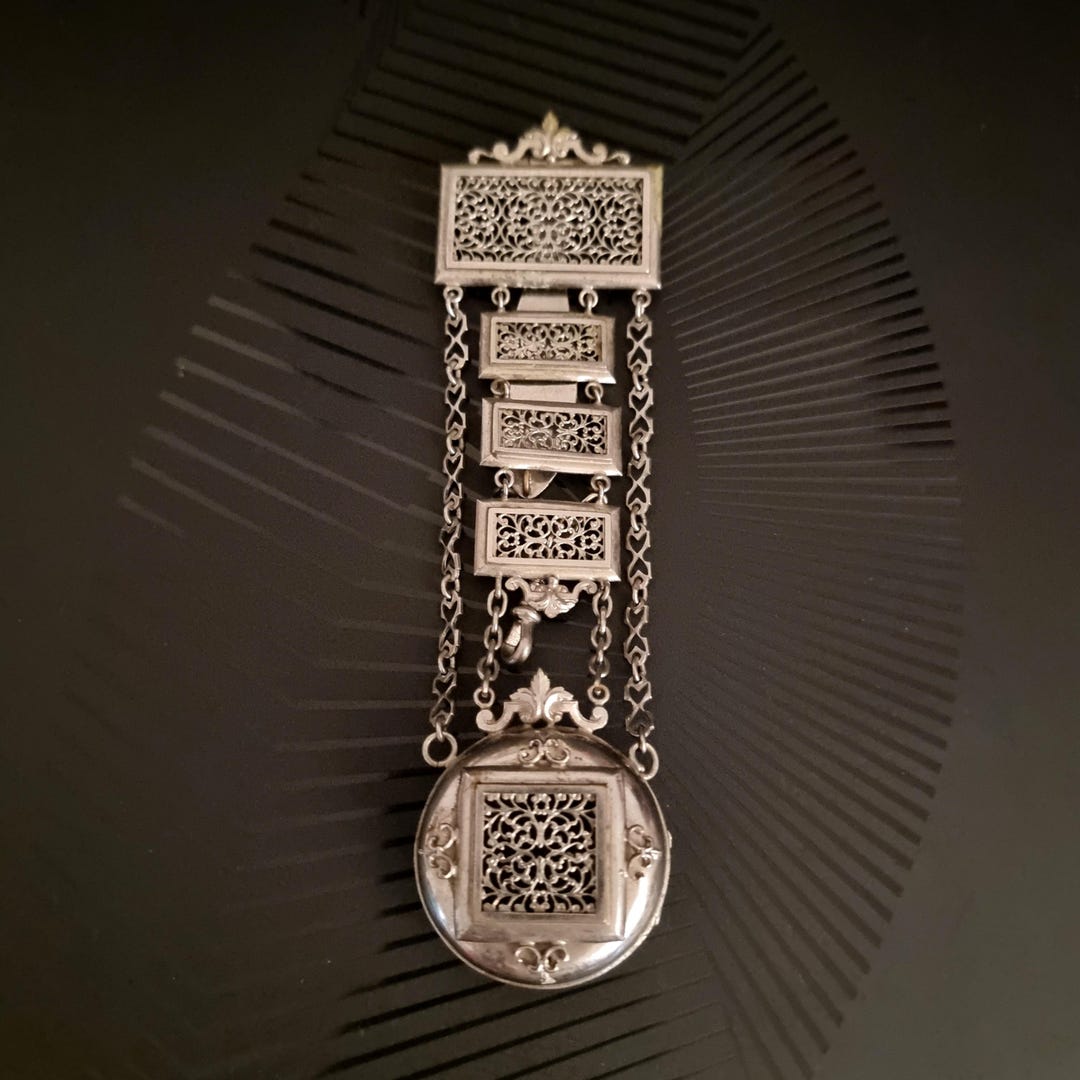 Antique Finely Chiseled Silver-plated Pocket Watch Chatelaine, 19th ...