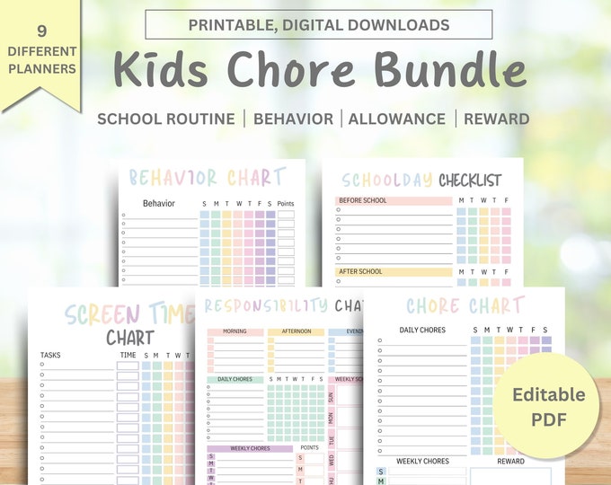 Editable Kids Chore Charts, Reward, Allowance, Screen Time, School ...