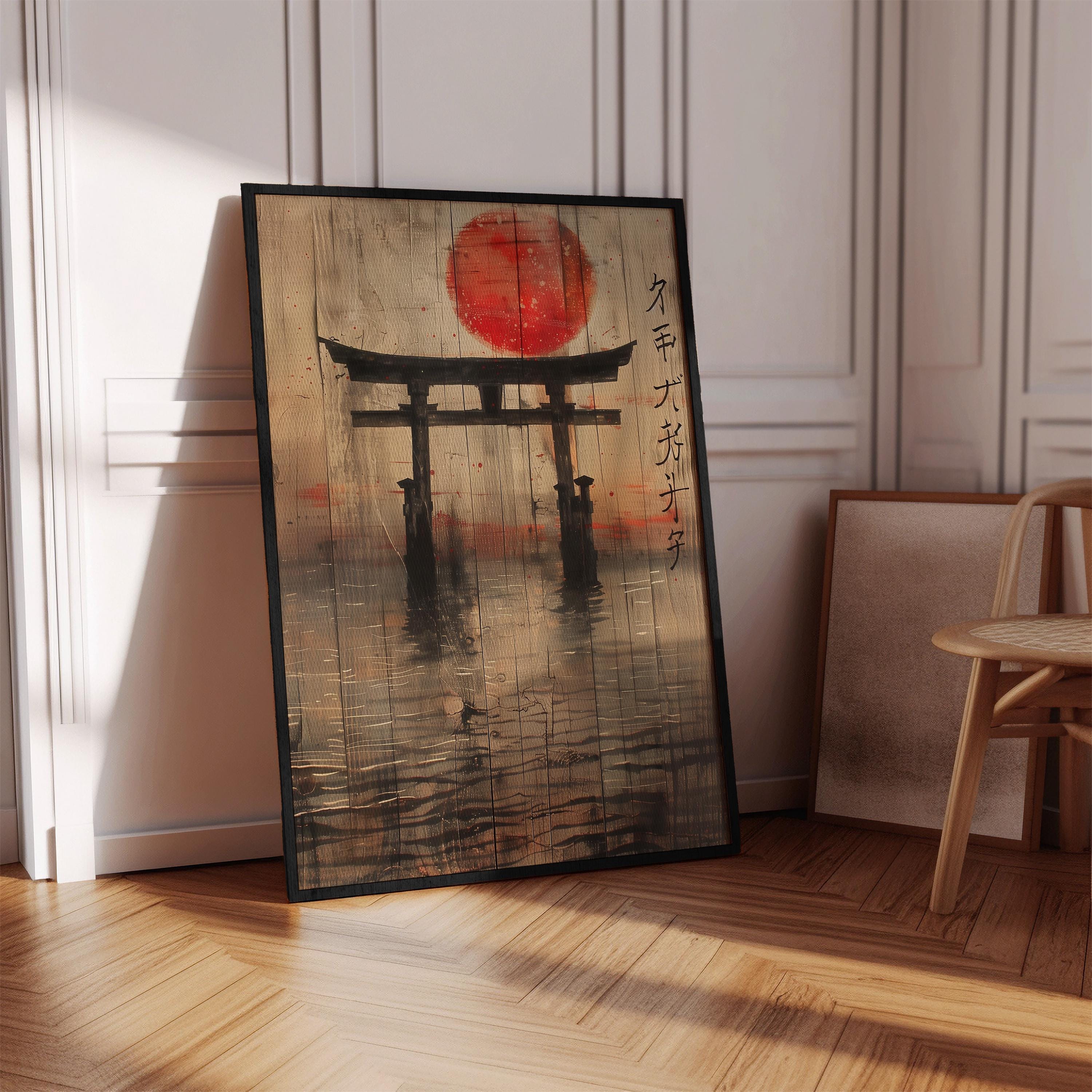 Japanese Wall Art Torii Gate Red Sun Traditional Ink Style Decor Zen ...
