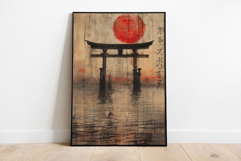 Japanese Wall Art Torii Gate Red Sun Traditional Ink Style Decor Zen ...