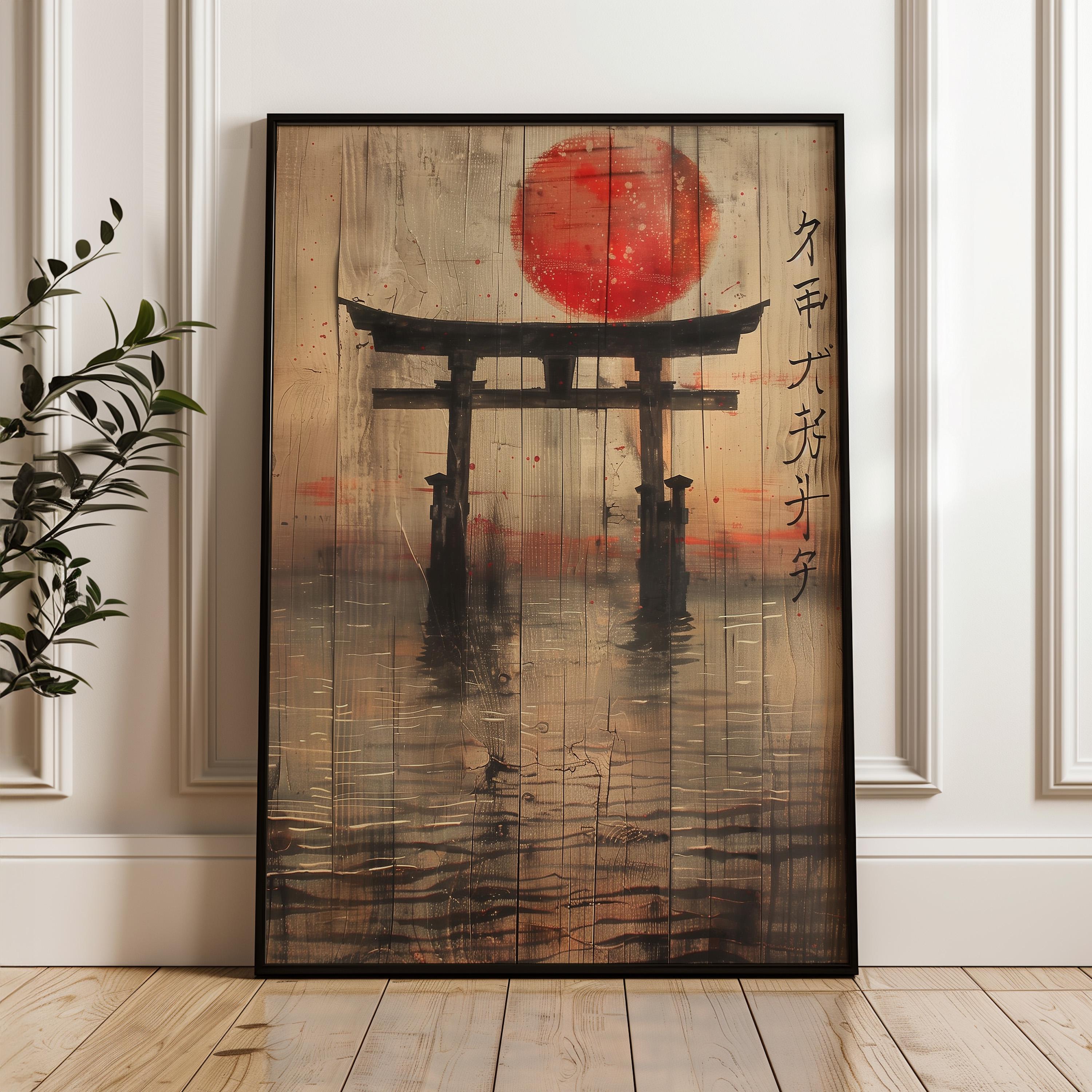 Japanese Wall Art Torii Gate Red Sun Traditional Ink Style Decor Zen ...