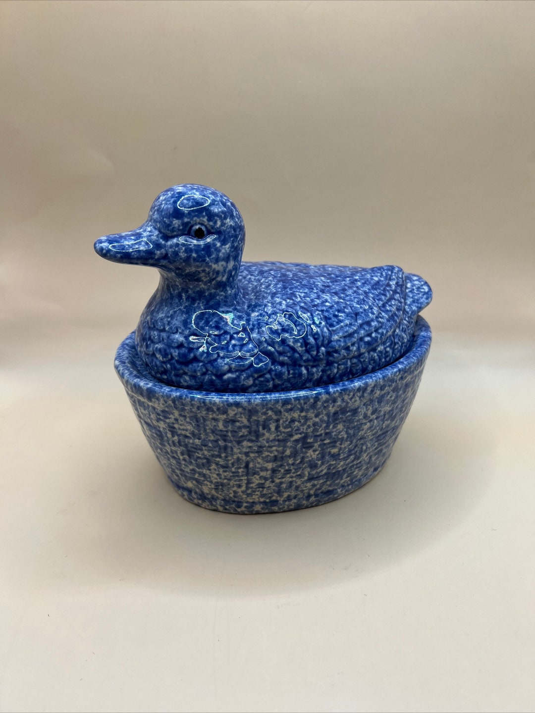 Vintage Spongeware Blue Ceramic Duck Nesting on Basket Dish Gailstyn ...