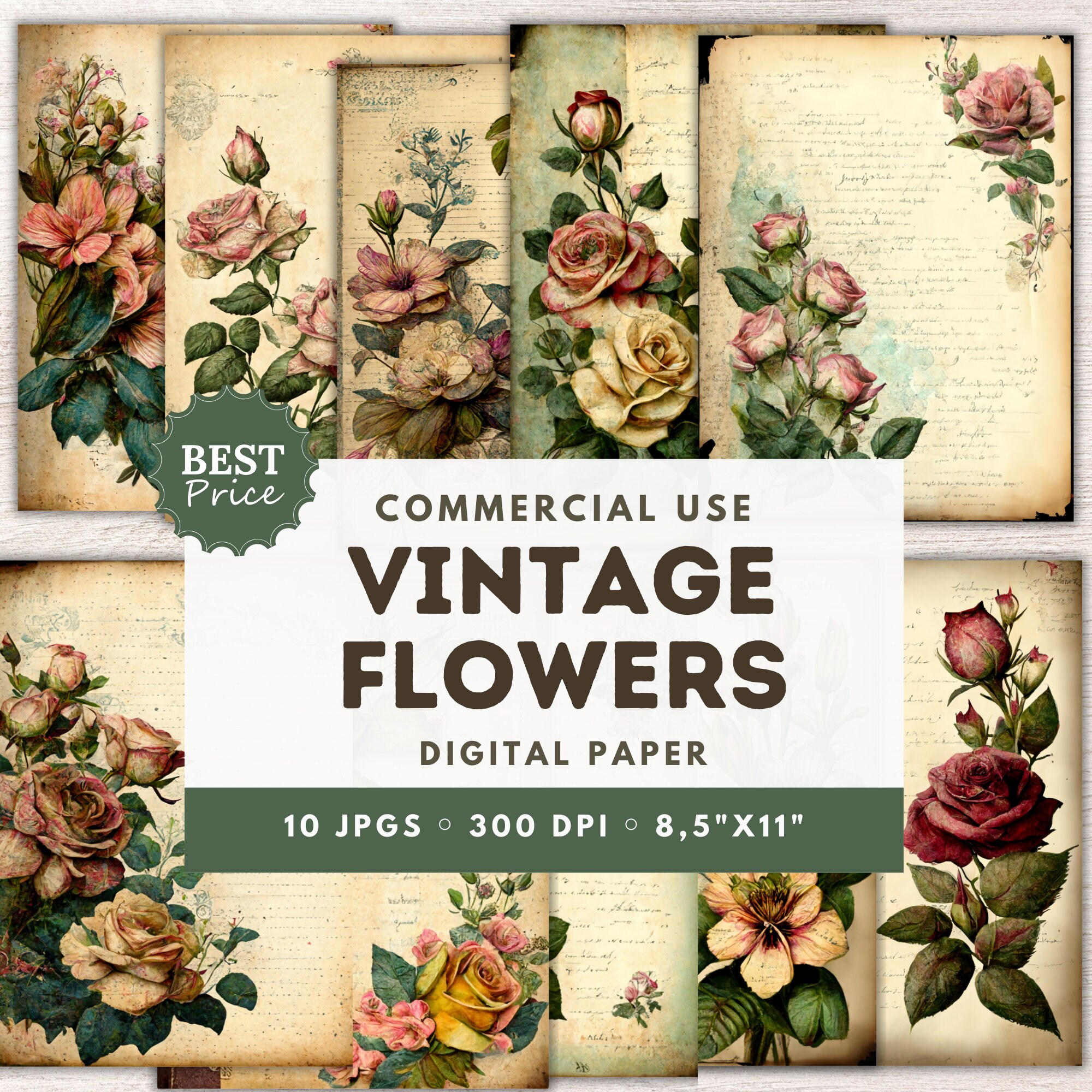 Wildflower Journal Paper, 10 Printable Vintage Flowers Collage Pages ...
