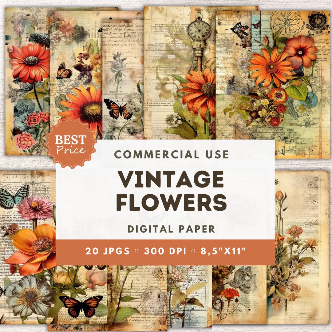 20 Vintage Floral Journal Pages, Junk Journal Kit, Basic Papers ...