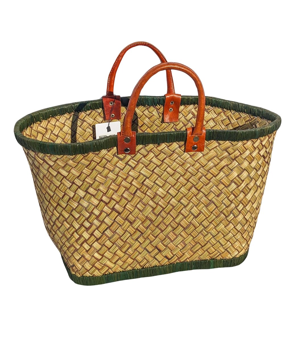 Raffia and Grass Shopping Basket, Closed Basket With Leather Handles ...