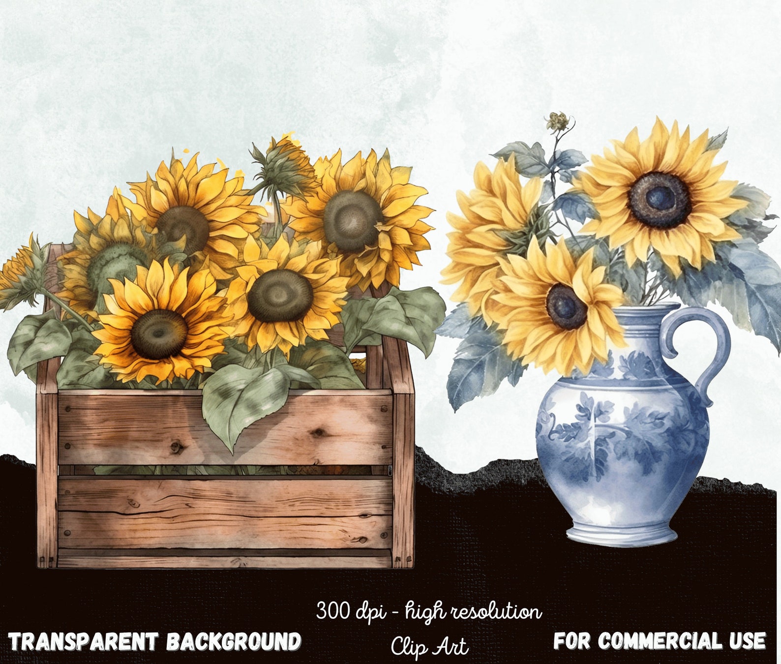 Digital Clipart Illustration Set, Sunflower Vintage Garden Spring ...