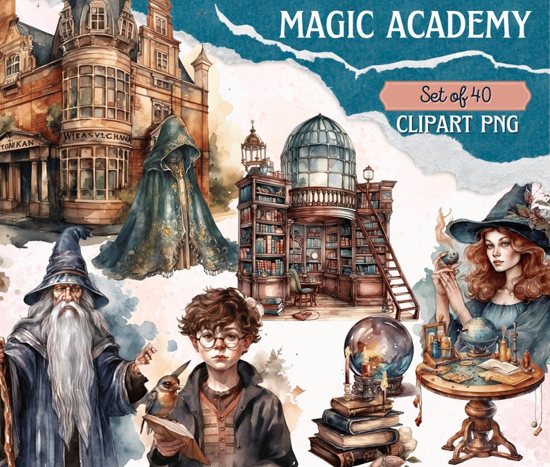 Digital Clipart Illustration Set, Magic Academy Wizard Fantasy Mystical ...