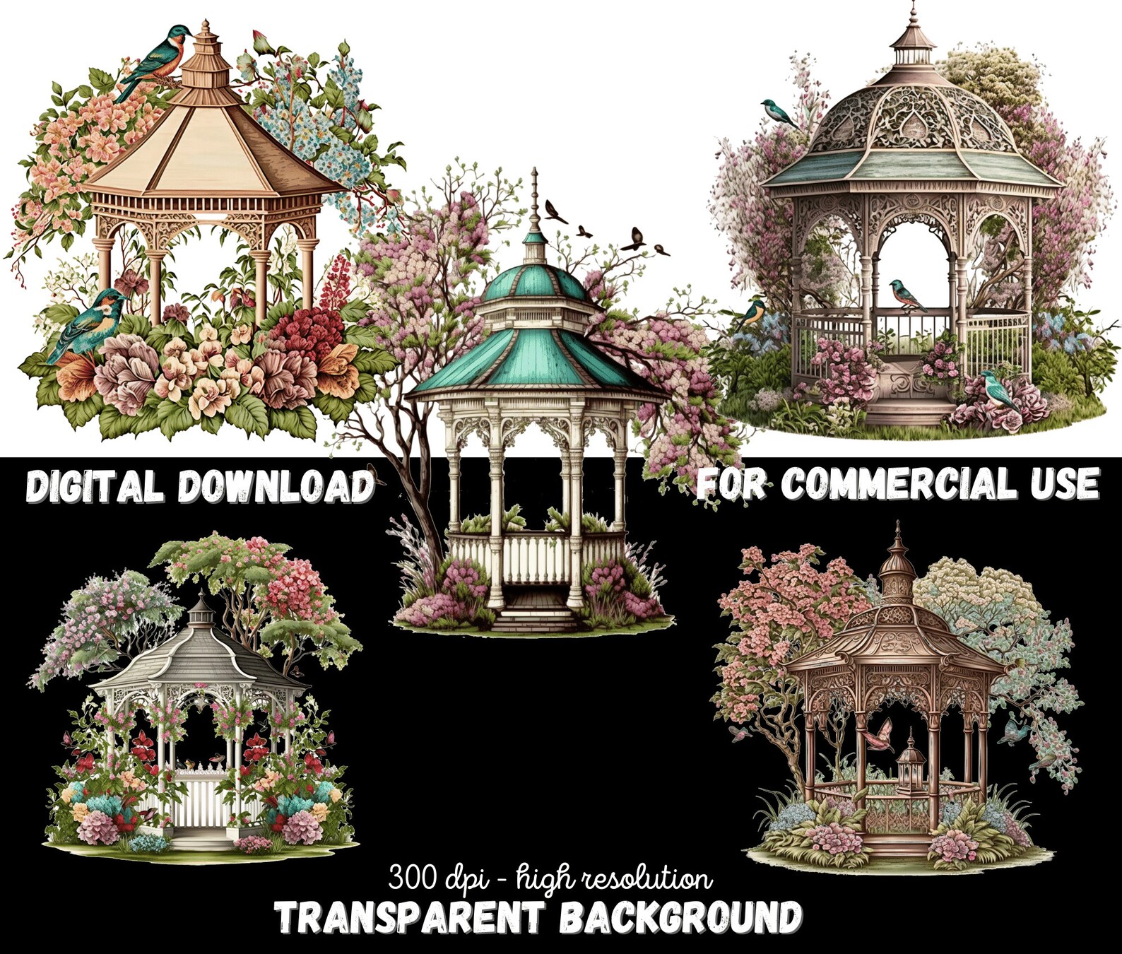 Digital Clipart Illustration Set, Gazebo in Spring, PNG Printable ...