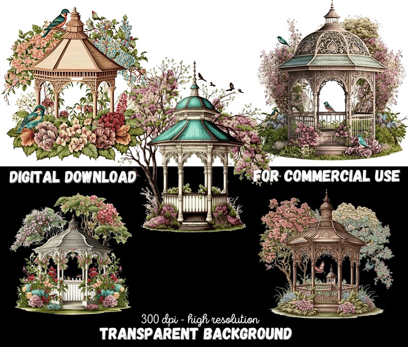 Digital Clipart Illustration Set, Gazebo in Spring, PNG Printable ...