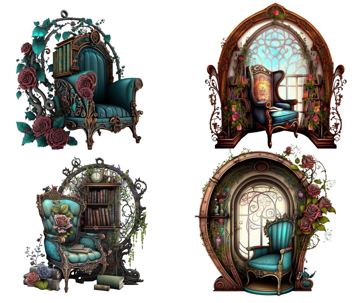 Digital Clipart Illustration Set, Fantasy Steampunk Reading Corner, PNG ...