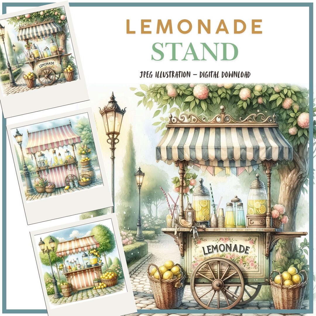 Digital Romantic Summer Lemonade Stand Clipart, Illustrations for ...