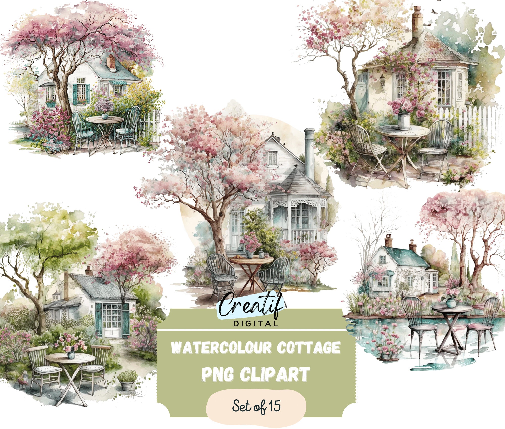 Digital Clipart Illustration Set, Garden Cottage, PNG Printable ...