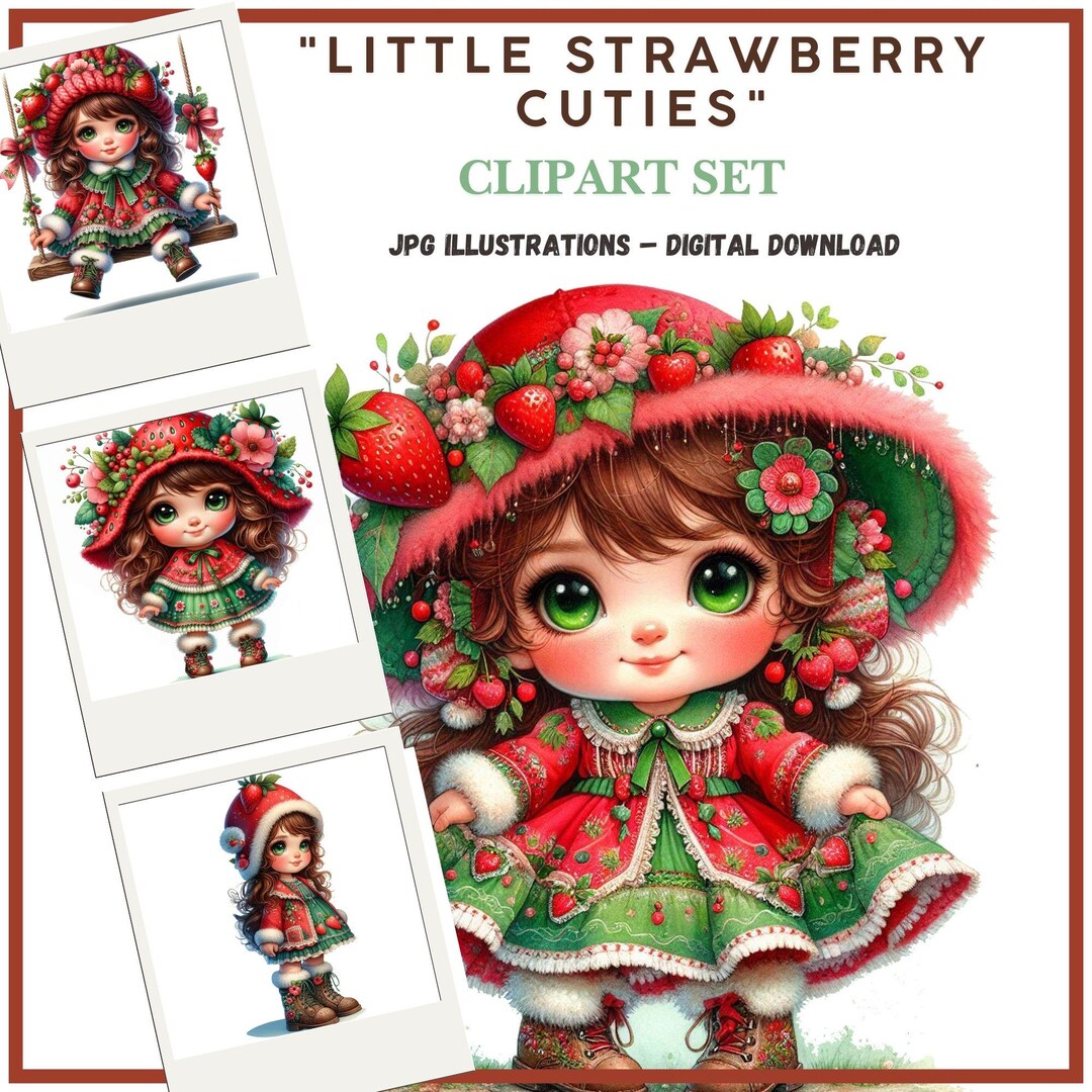 Digital "little Strawberry Cuties" Clipart Set,15 Illustrations for ...