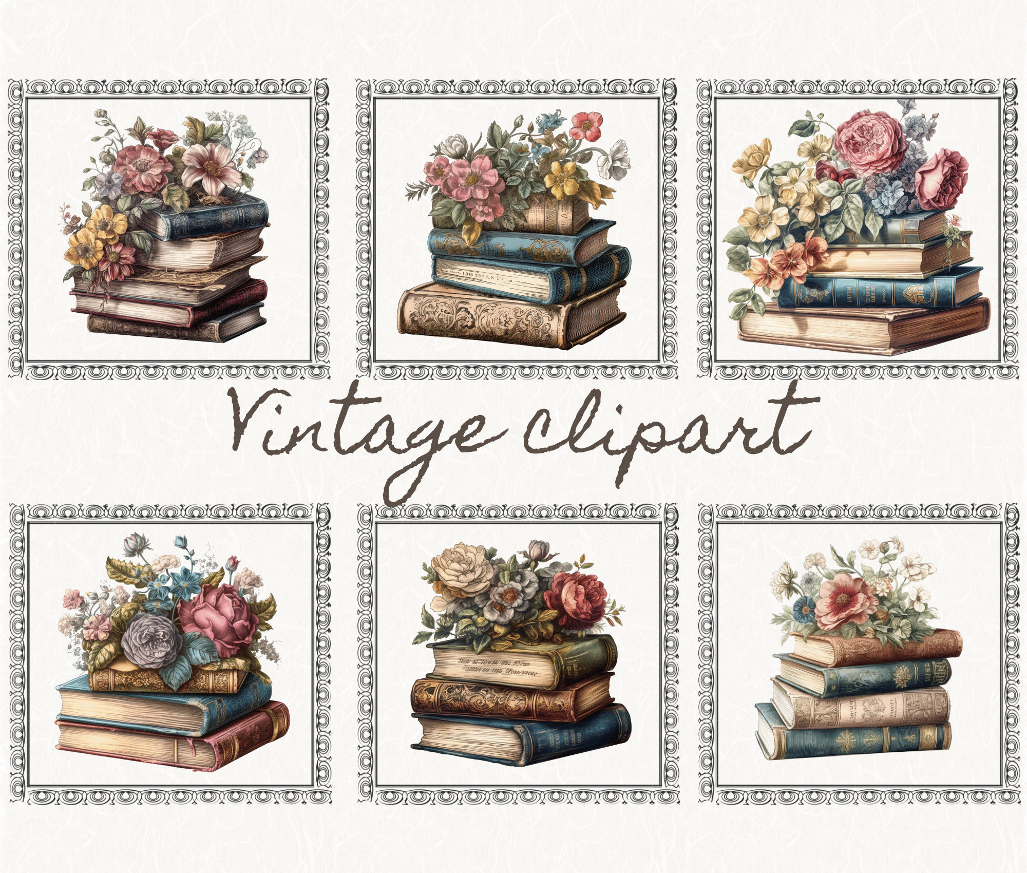 Digital Clipart Floral Old Vintage Victorian Books Clipart Illustration ...
