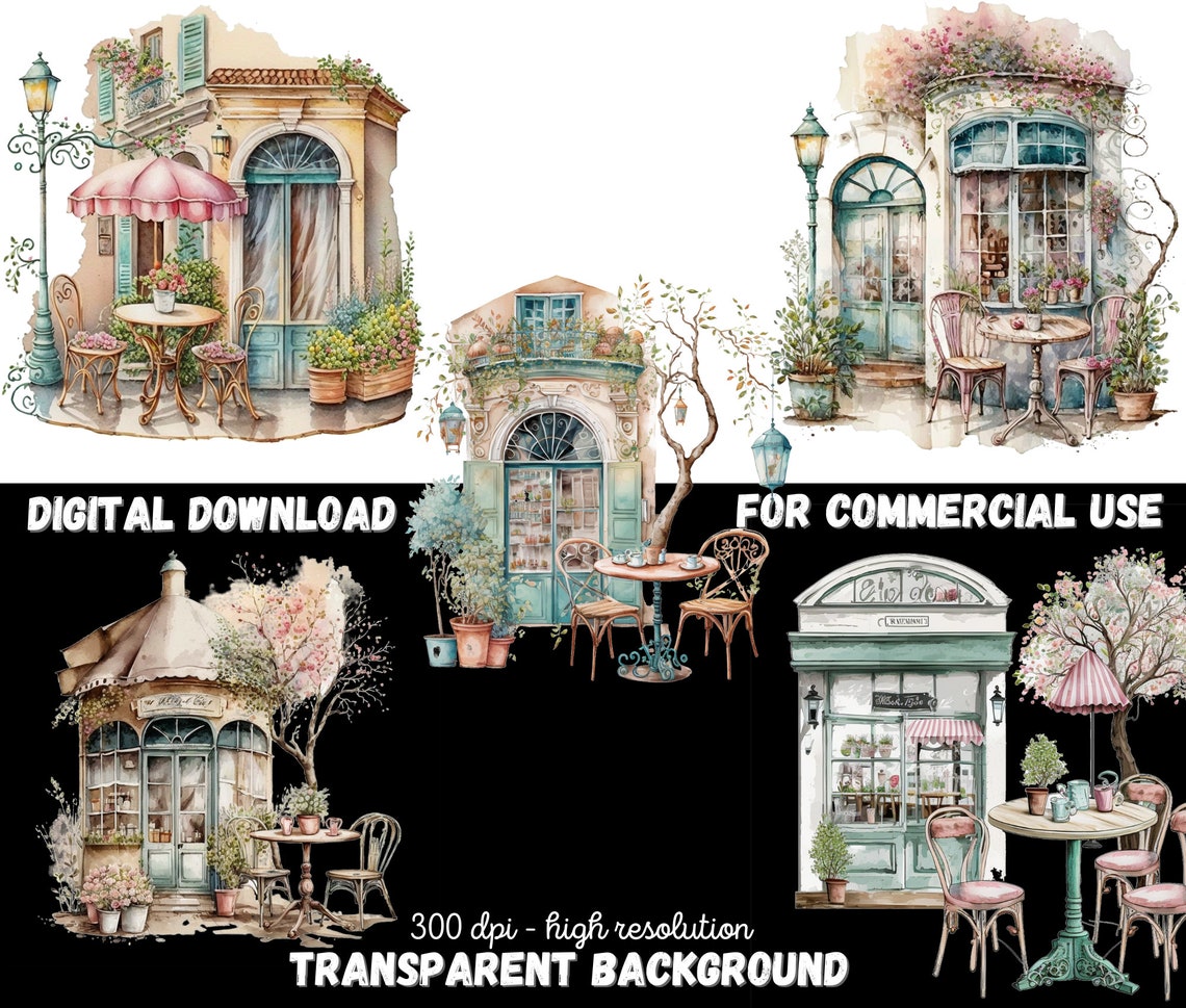 Digital Clipart Illustration Set, French Cafe, PNG Printable Watercolor ...