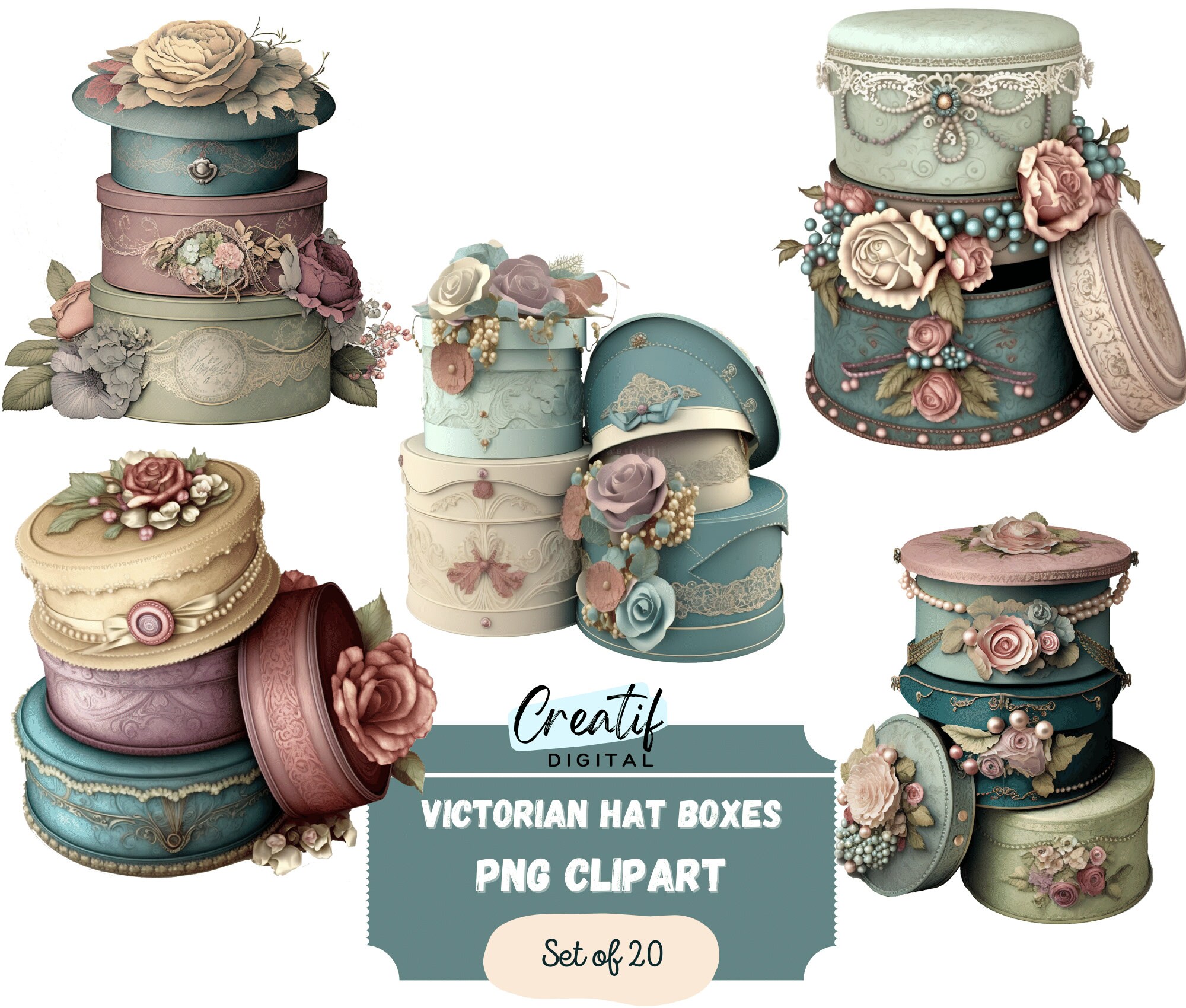 Digital Clipart Illustration Set, Victorian Hat Boxes , PNG Printable ...