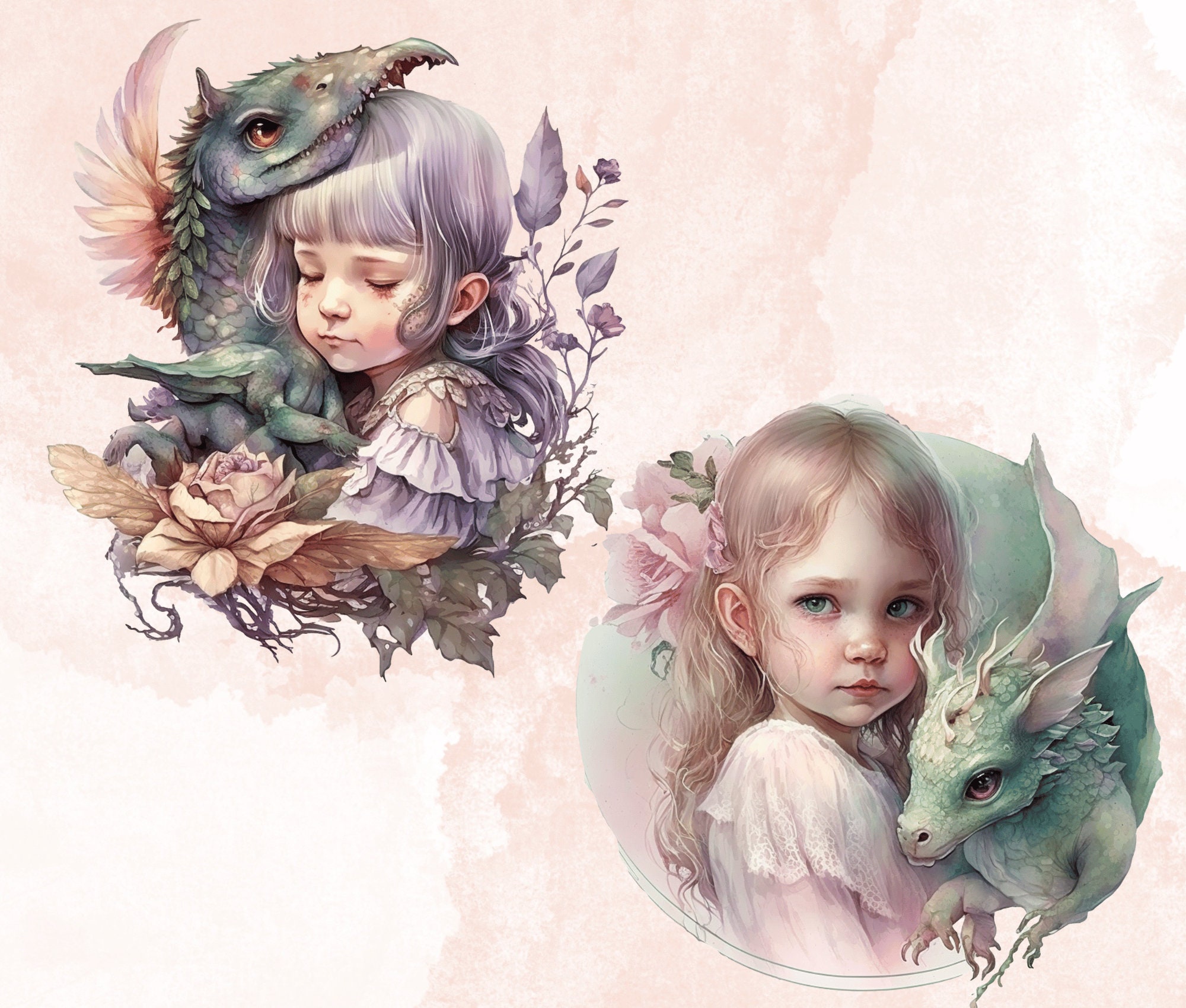 Digital Clipart Illustration Set, Cute Girl and Her Pet Dragon , PNG ...