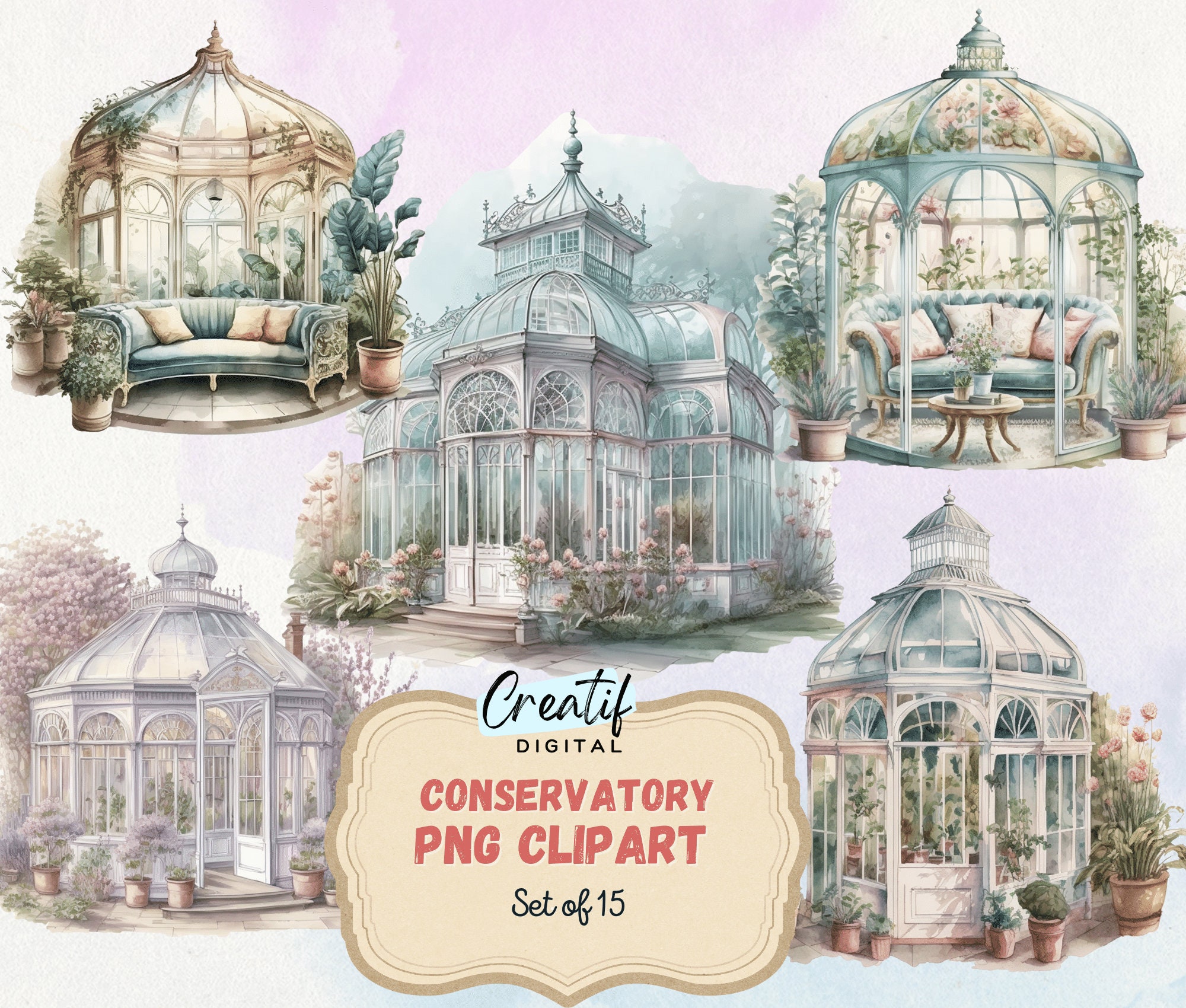 Digital Clipart Illustration Set, Romantic Victorian Conservatory, PNG ...